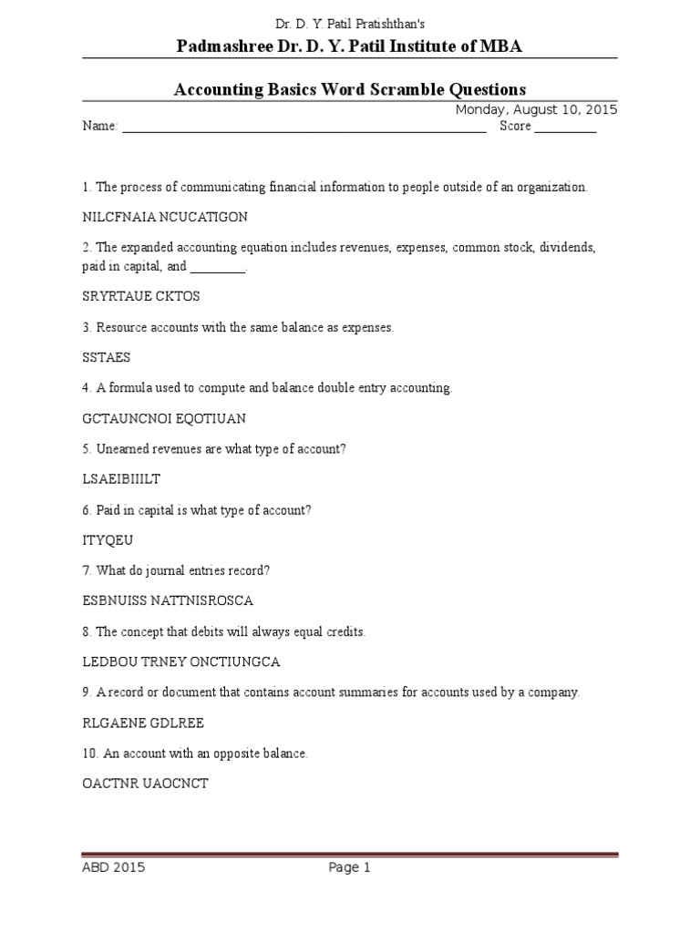 Accounting Basics Word Scramble Quiz | PDF | Debits And Credits ...