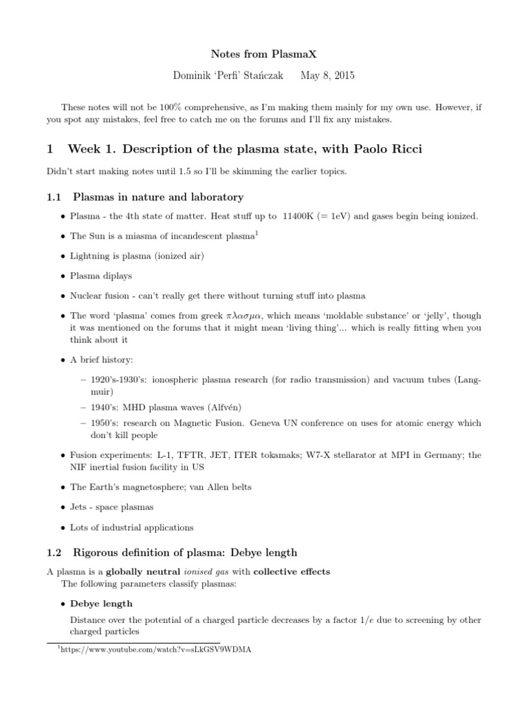 Notes on PlasmaX plasma state and kinetic description | PDF | Plasma ...
