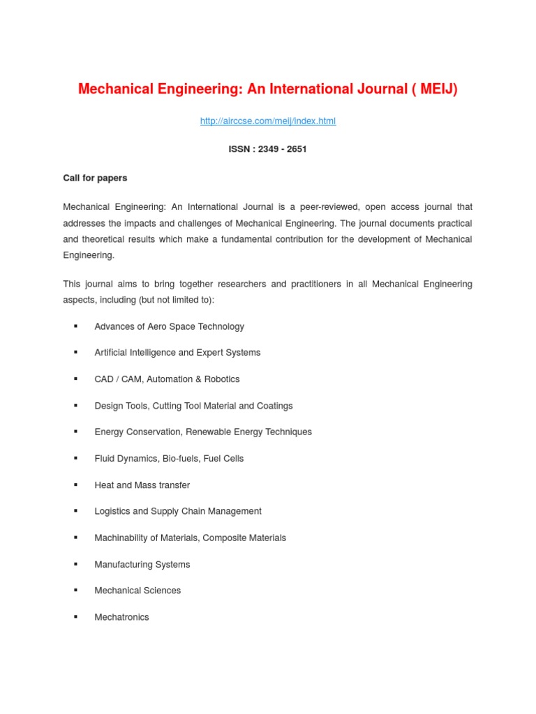 Mechanical Engineering: An International Journal (MEIJ) | PDF ...