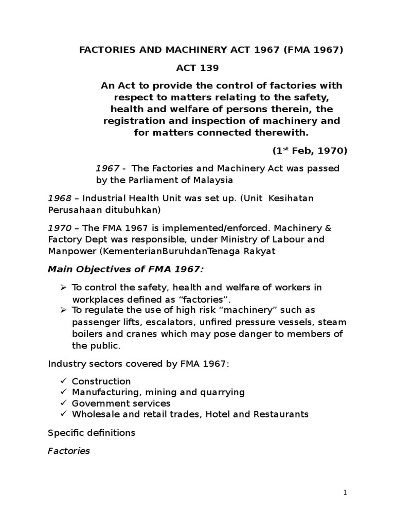 1967 - The Factories and Machinery Act Was Passed: Main Objectives of ...