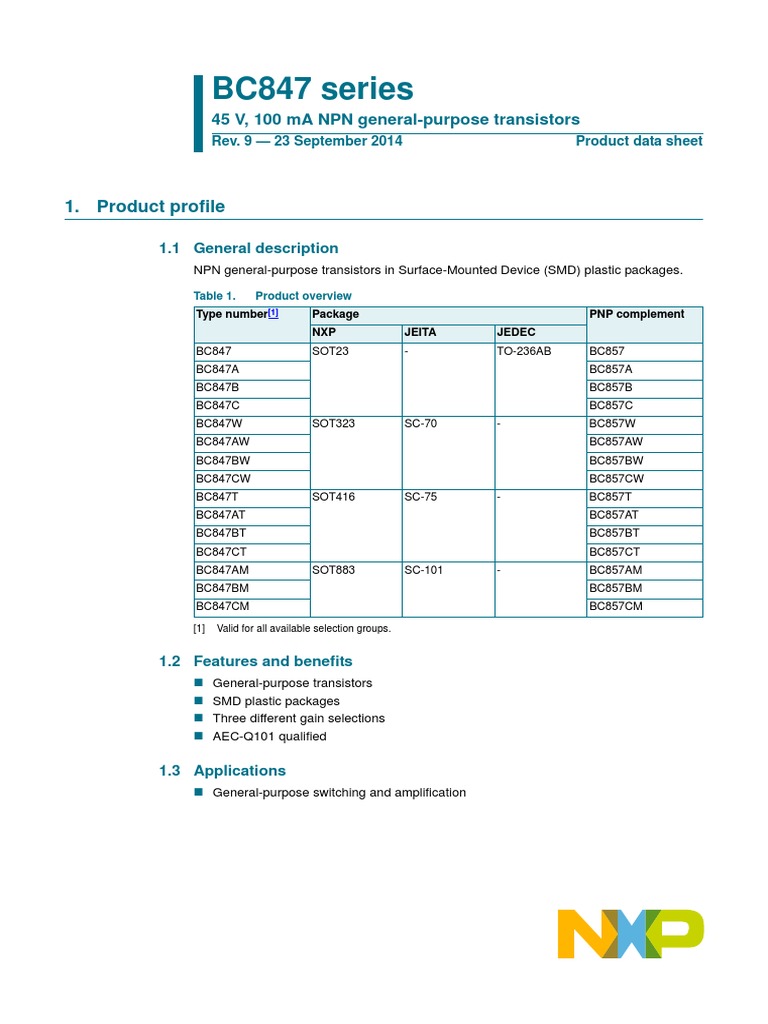 BC847 Series: 1. Product Profile | Download Free PDF | Bipolar Junction ...