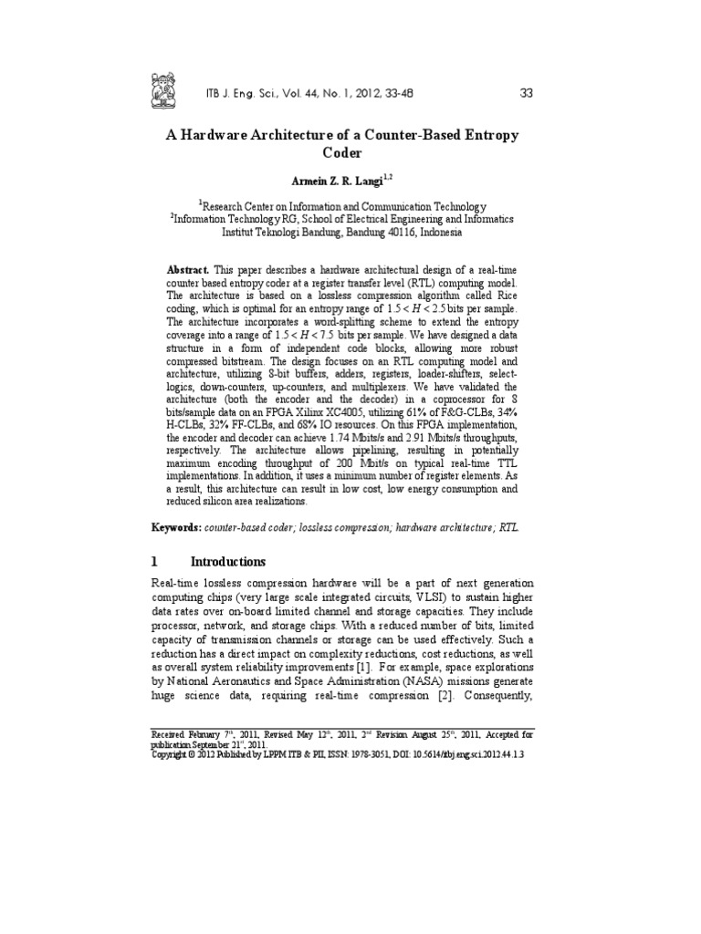 A Hardware Architecture Of A Counter Based Entropy Coder Armein Z R Langi Pdf Data