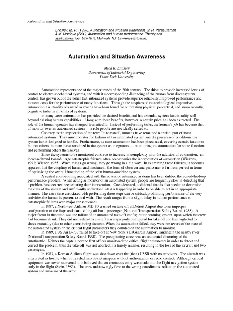 Automation and Situation Awareness - Endsley | PDF | Situation ...