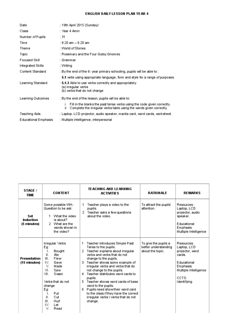 English Daily Lesson Plan Year 4 | PDF | Lesson Plan | Linguistics