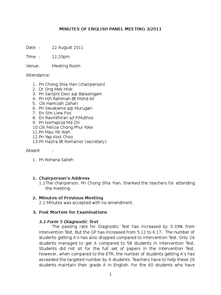 Minutes of English Panel Meeting | PDF | Test (Assessment) | Wellness