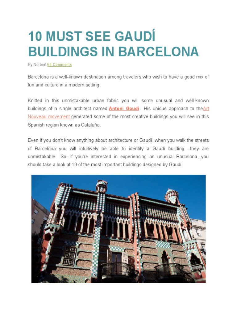 10 Must See Gaudí Buildings in Barcelona: Art Nouveau Movement | PDF ...