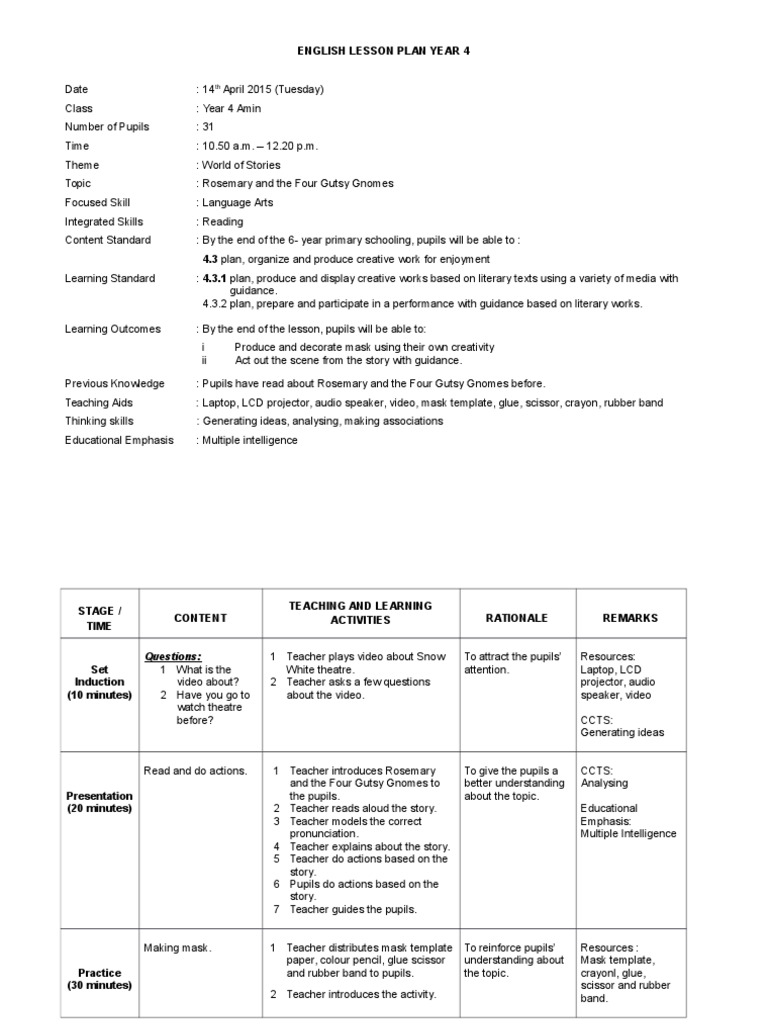 English Lesson Plan Year 4 | PDF | Lesson Plan | Teaching