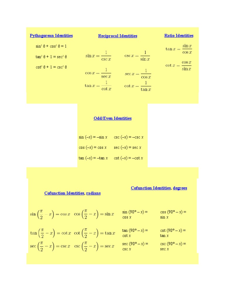 Pythagorean Identities Reciprocal Identities Ratio Identities | PDF ...