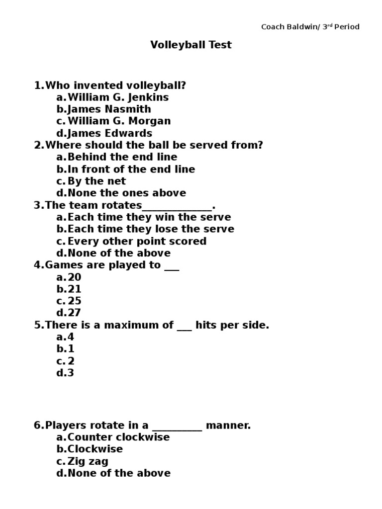 Volleyball Test Questions and Answers | PDF