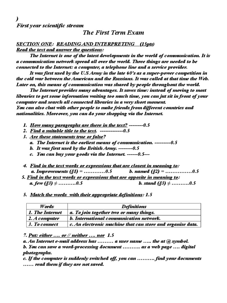 The First Term Exam:) First Year Scientific Stream | PDF | Internet ...