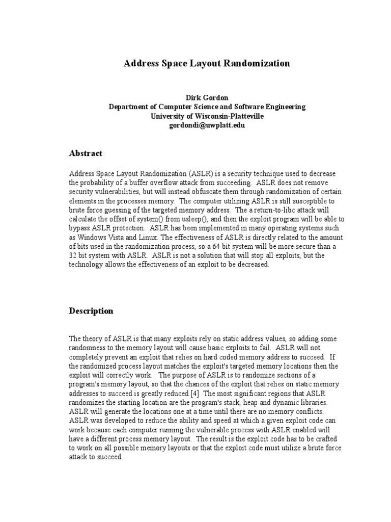 Address Space Layout Randomization | PDF | Windows Vista | Computer Security Exploits