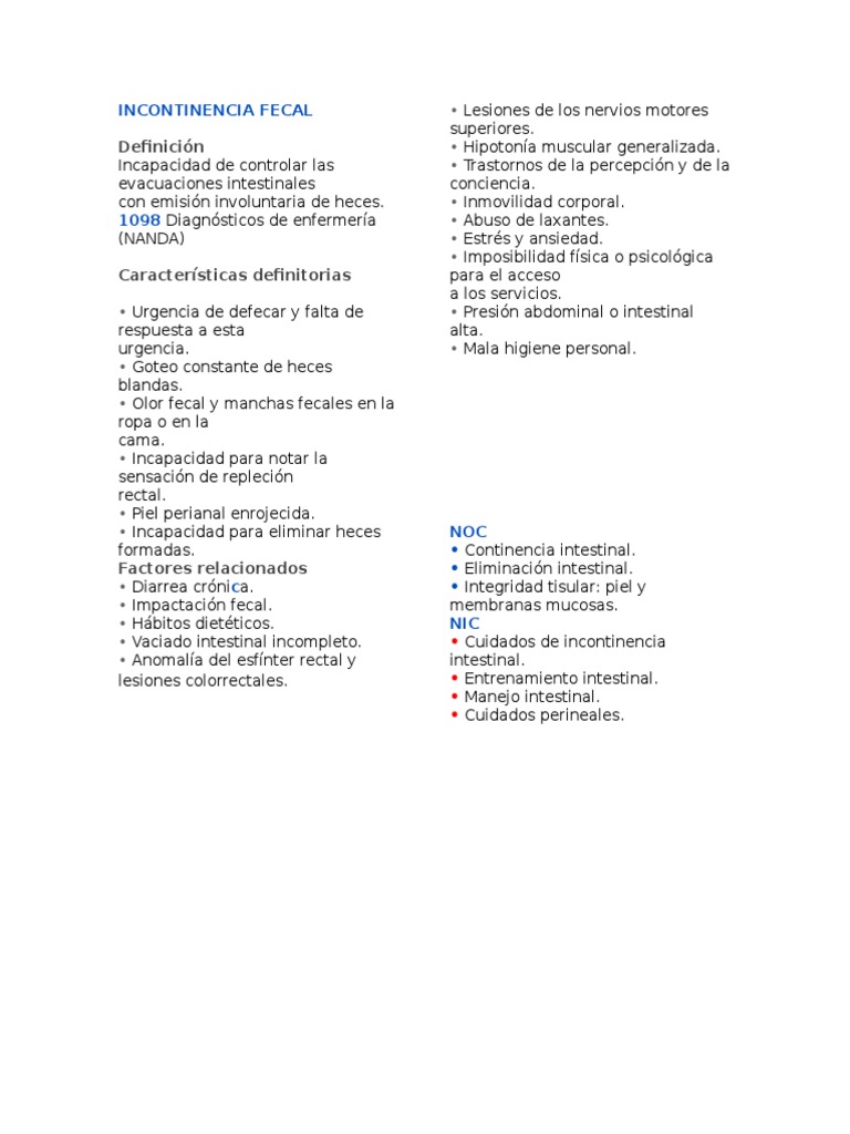 Incontinencia Fecal: Definición y Cuidados | PDF