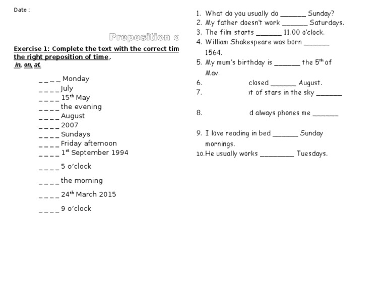 Time Prepositions Practice | PDF | Language Arts & Discipline | Art