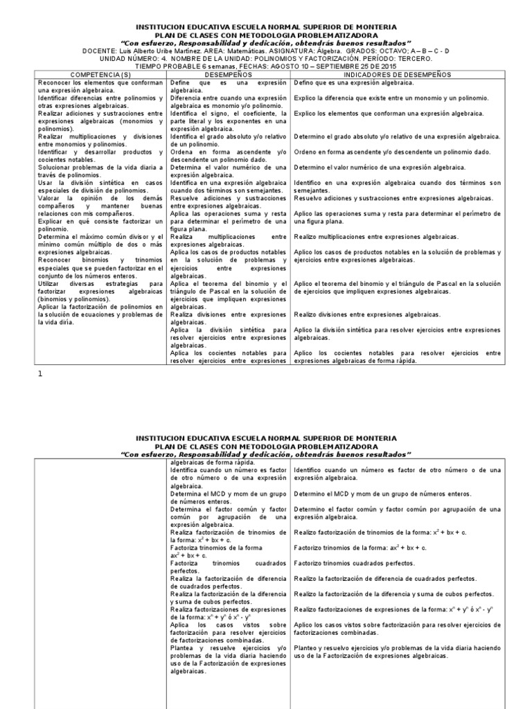 Plan de Clases de Matemáticas Grado Octavo | Factorización | Notación ... Plan de Clases de Matemáticas Grado Octavo | Factorización | Notación ...