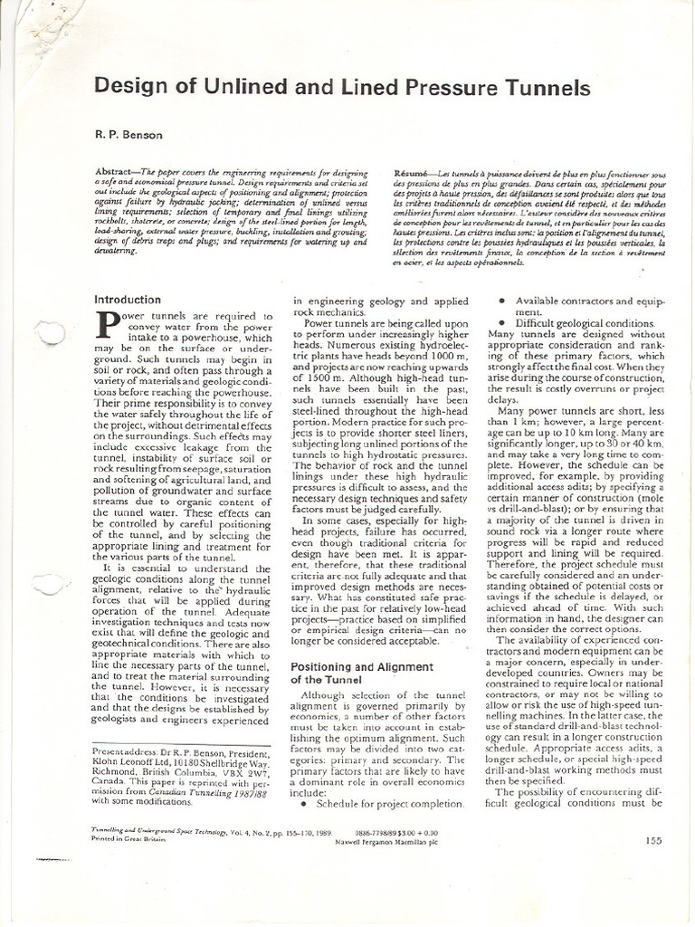 Benson - Design of Lined and Unlined Pressure Tunnels | PDF