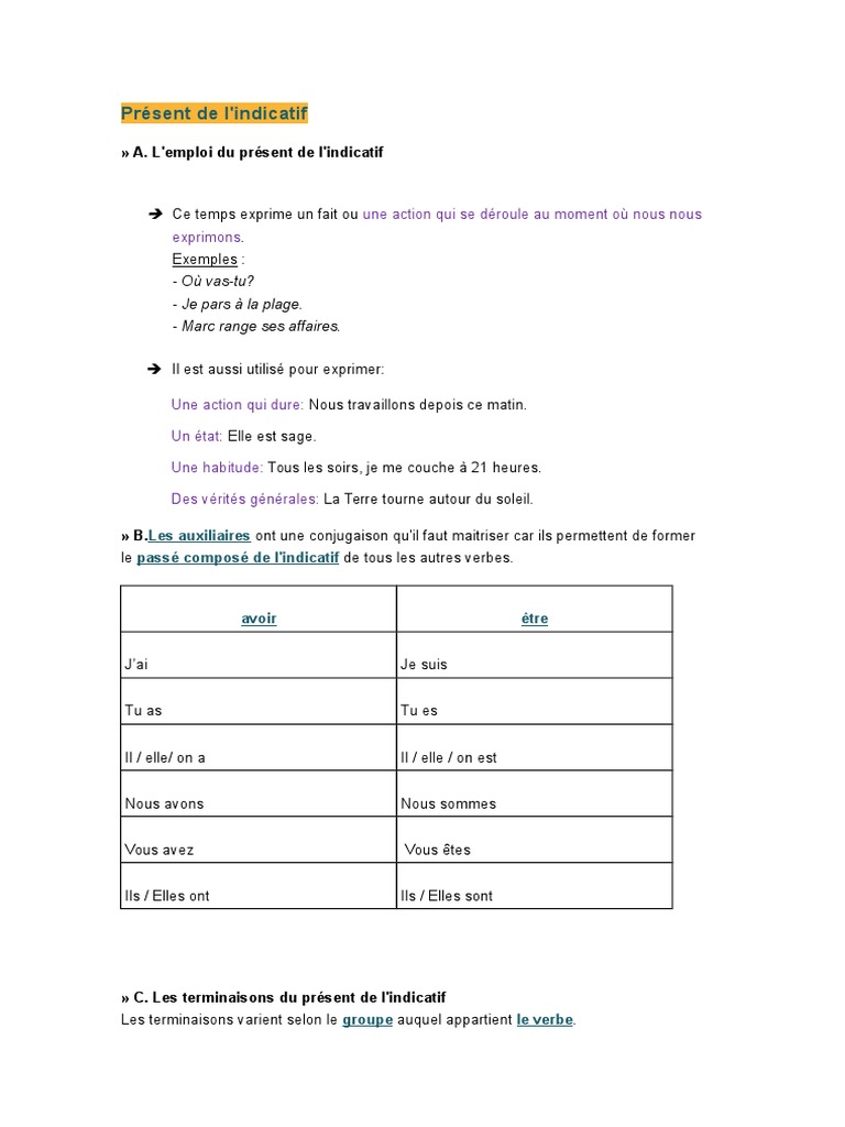 Emploi et conjugaison du présent | PDF | Verbe | Mécanique du langage