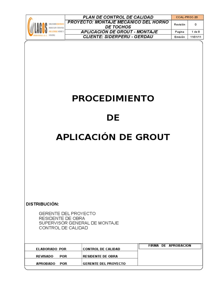 Procedimiento para la aplicación de grout en bases de equipos y ...