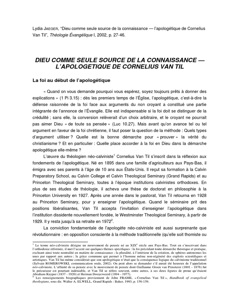 Apologétique de Cornelius Van Til | PDF | Dieu | Rationalisme