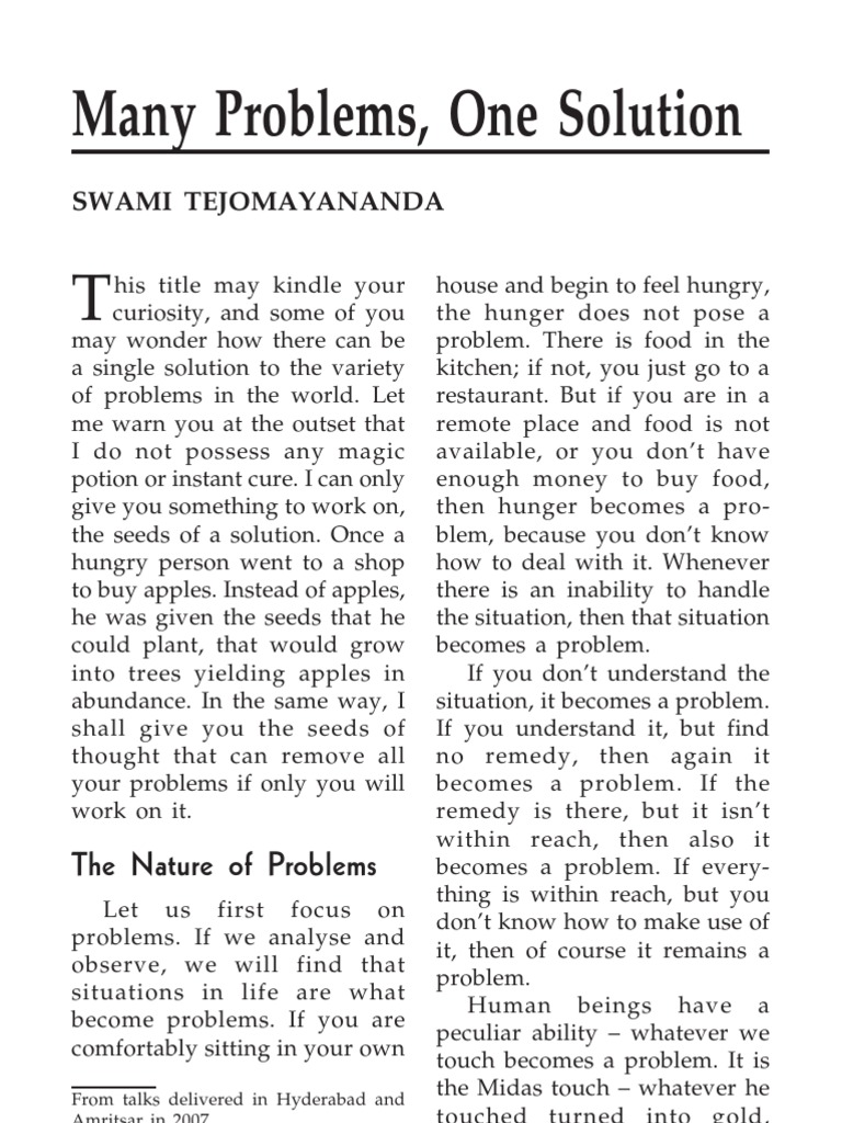 Many Problems, One Solution T: Swami Tejomayananda | PDF | Rationalism ...