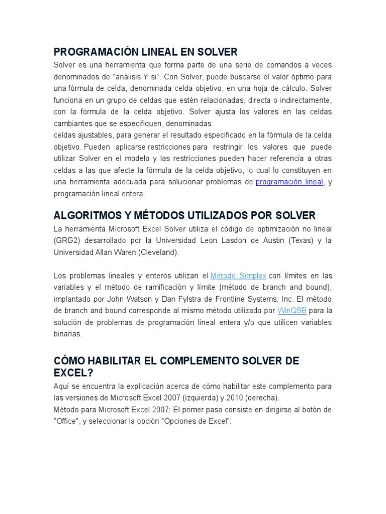 Programación Lineal en Solver | PDF | Programación lineal | Microsoft Excel