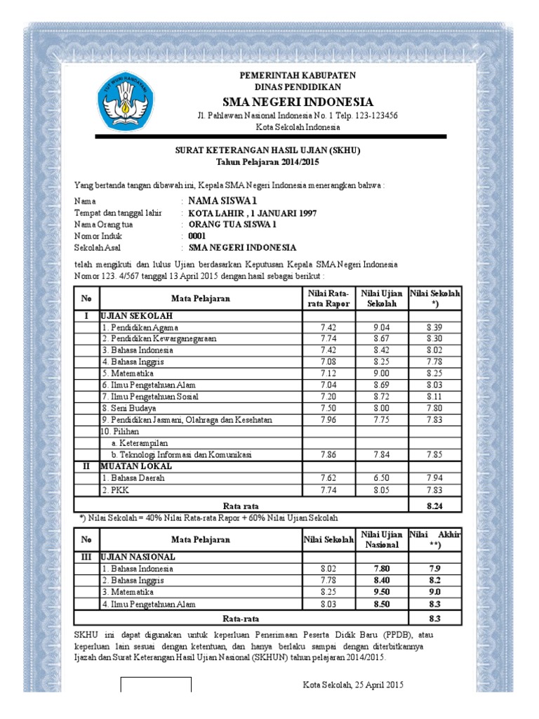 SKHU Sementara Untuk SMA | PDF