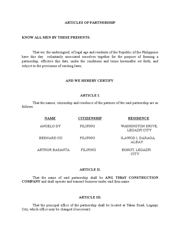 Articles of Partnership (FORM) | PDF | Partnership | Philippines