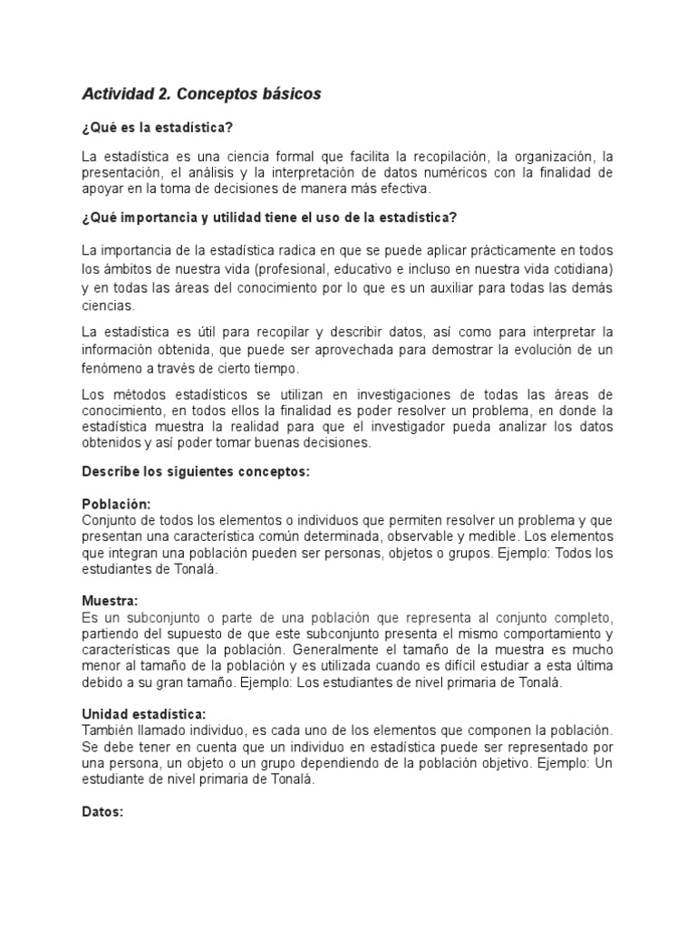 Actividad 2. Conceptos Básicos | PDF | Población | Estadísticas