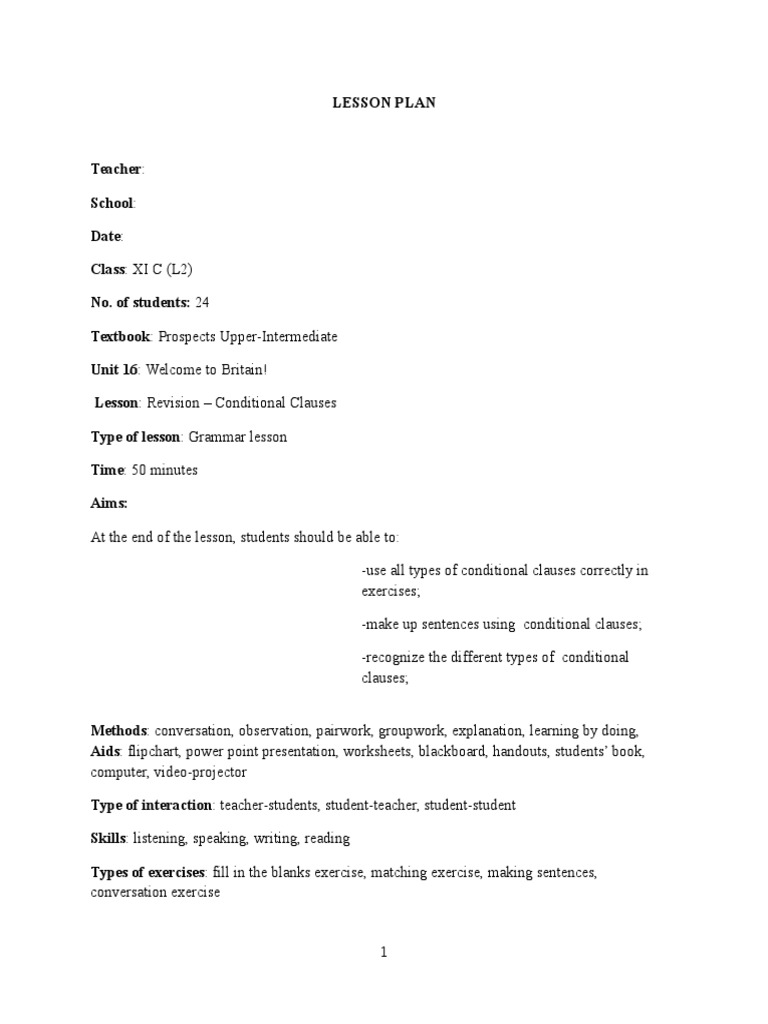 Lesson Plan-Conditional Clauses | PDF | Sentence (Linguistics) | Clause