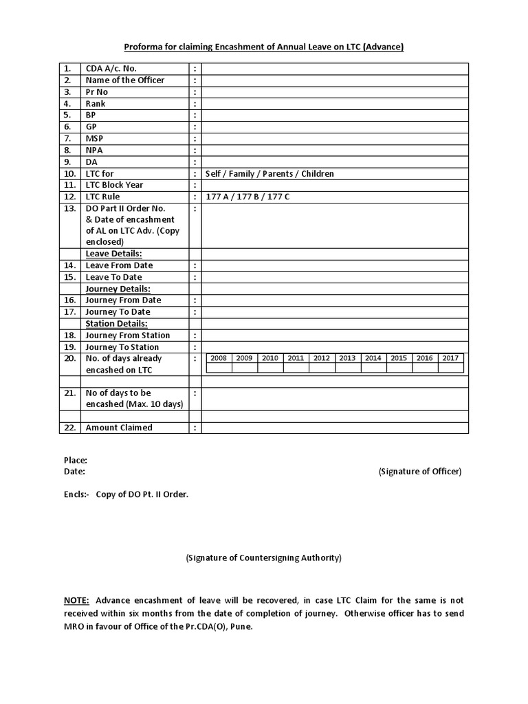 Encashment of Leave LTC Proforma | PDF