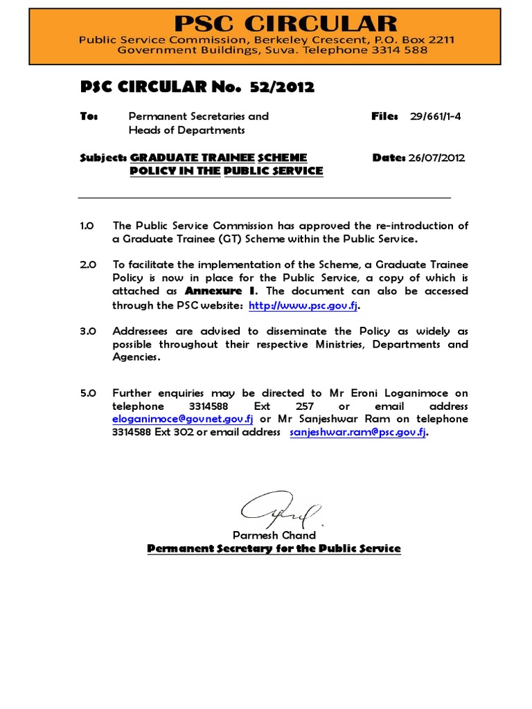 PSC Circular 52 - Graduate Trainee Scheme Policy in The Public Service ...