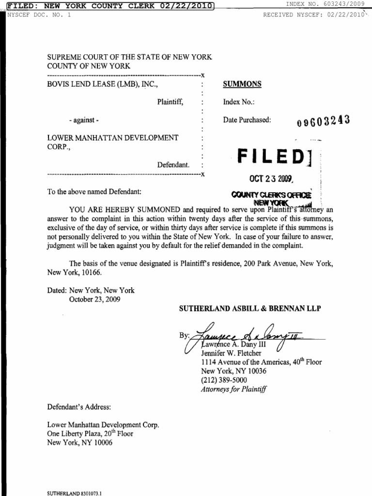 Filed) : County of New York Summons | PDF | Complaint | New York City