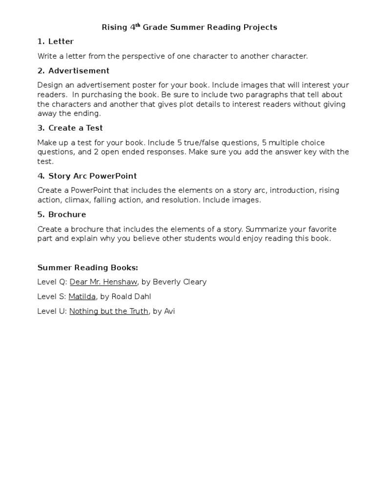 4th Grade Summer Reading Projects Guide | PDF
