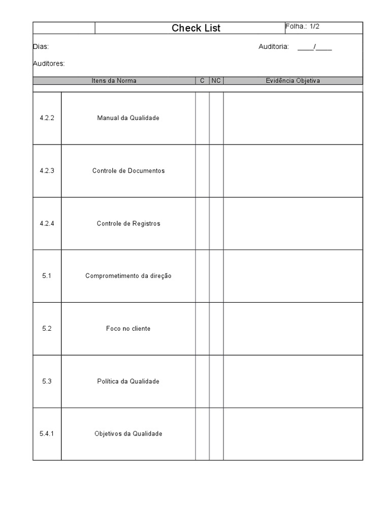 Check List Auditoria Interna | Auditoria Interna | Negócios