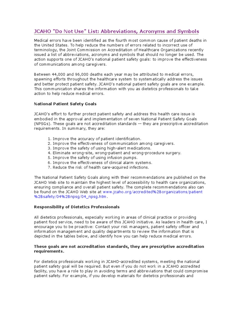Jcaho Do Not Use List | PDF | Joint Commission | Patient Safety