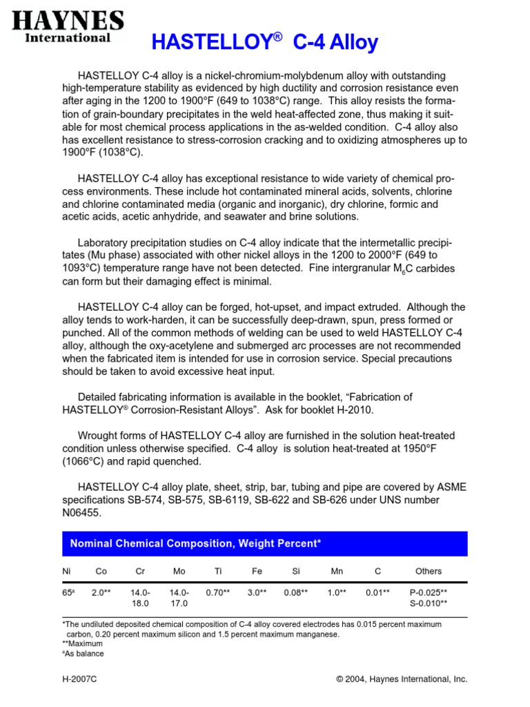 Hastelloy C-4 Alloy: Nominal Chemical Composition, Weight Percent | PDF ...