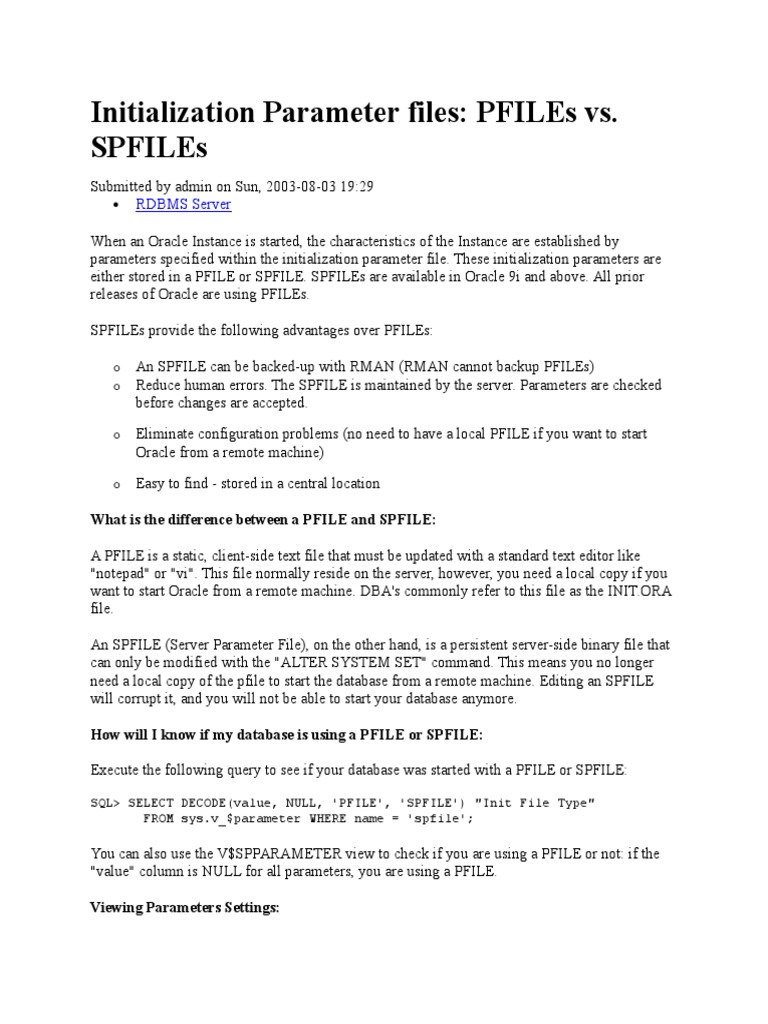 Oracle PFILE vs SPFILE Guide | PDF | Oracle Database | Parameter (Computer Programming)