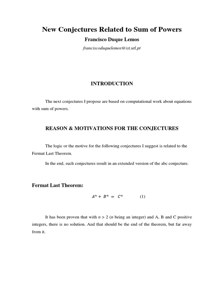 New Conjectures Related To Sum of Powers | PDF | Conjecture | Exponentiation