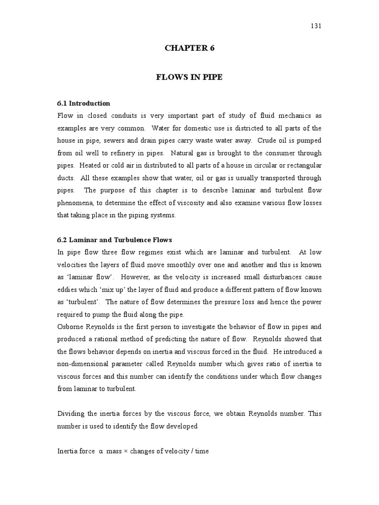 CHAPTER 6 Flow in Pipes Final | PDF | Reynolds Number | Laminar Flow