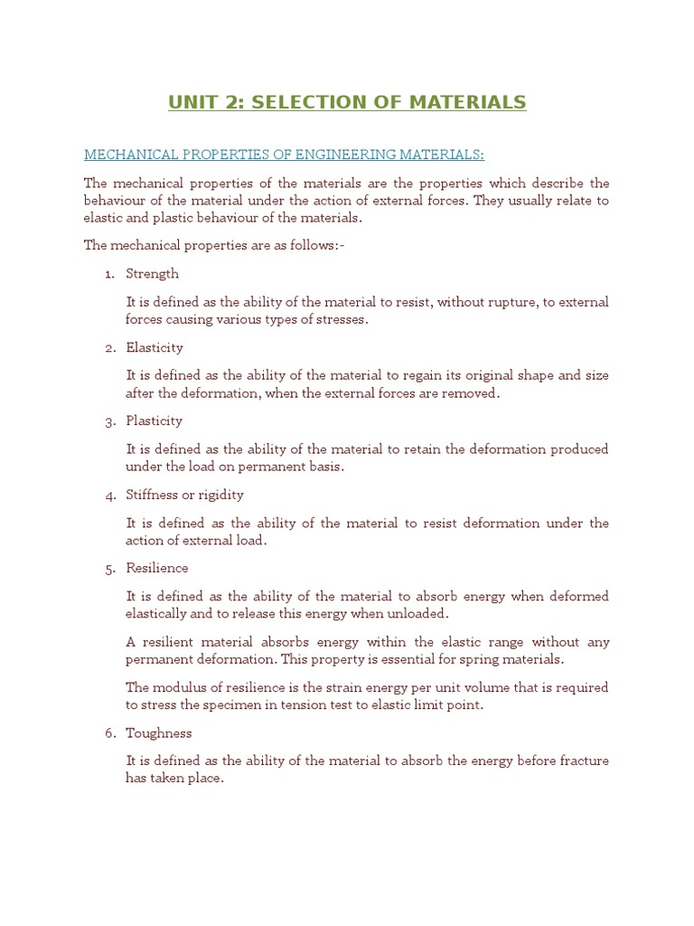 Unit 2: Selection of Materials | PDF | Deformation (Engineering) | Fracture