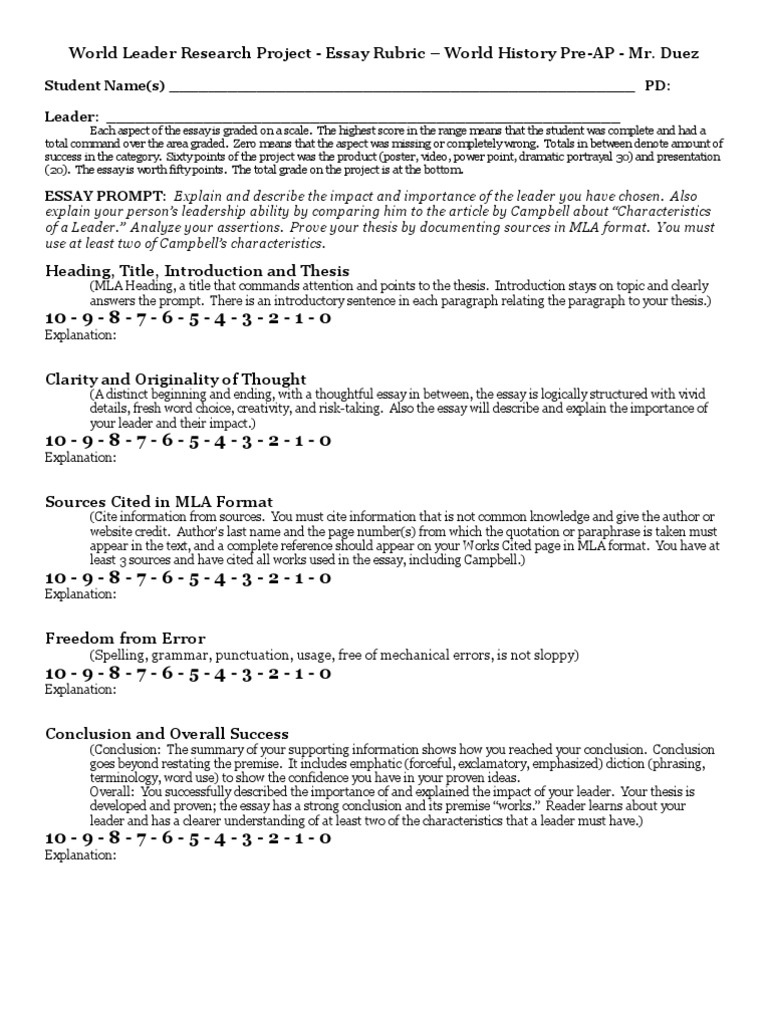 World Leader Research Project - Essay Rubric - World History Pre-AP ...