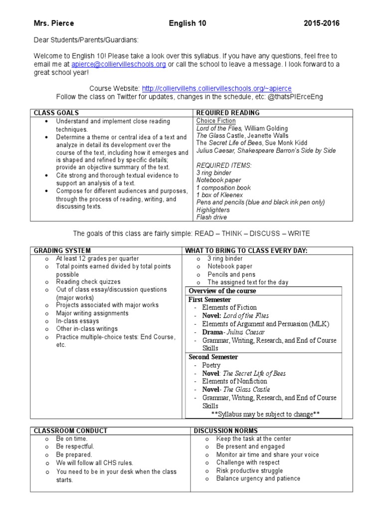 English 10 Syllabus Overview 2015-2016 | PDF | Homework | Academic ...