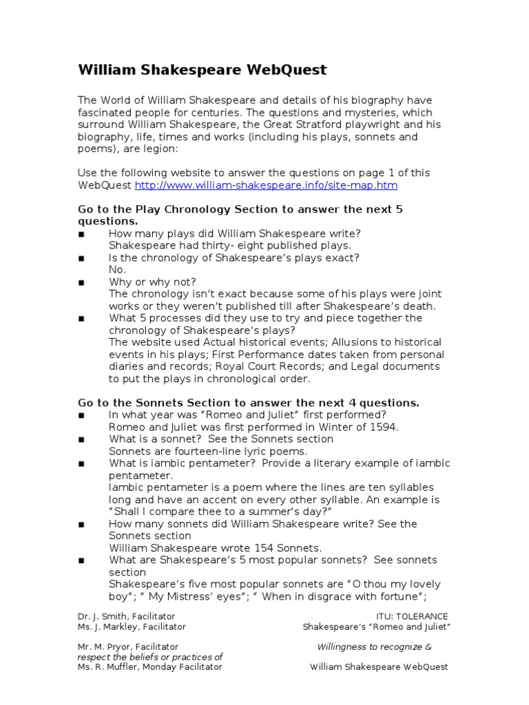 William Shakespeare Webquest: Go To The Play Chronology Section To ...