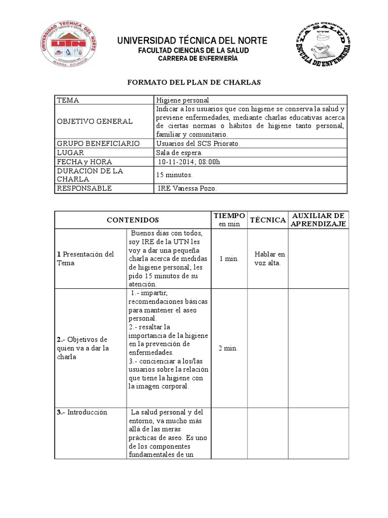Plan de Charla Higiene Personal | PDF | Higiene | Enfermería