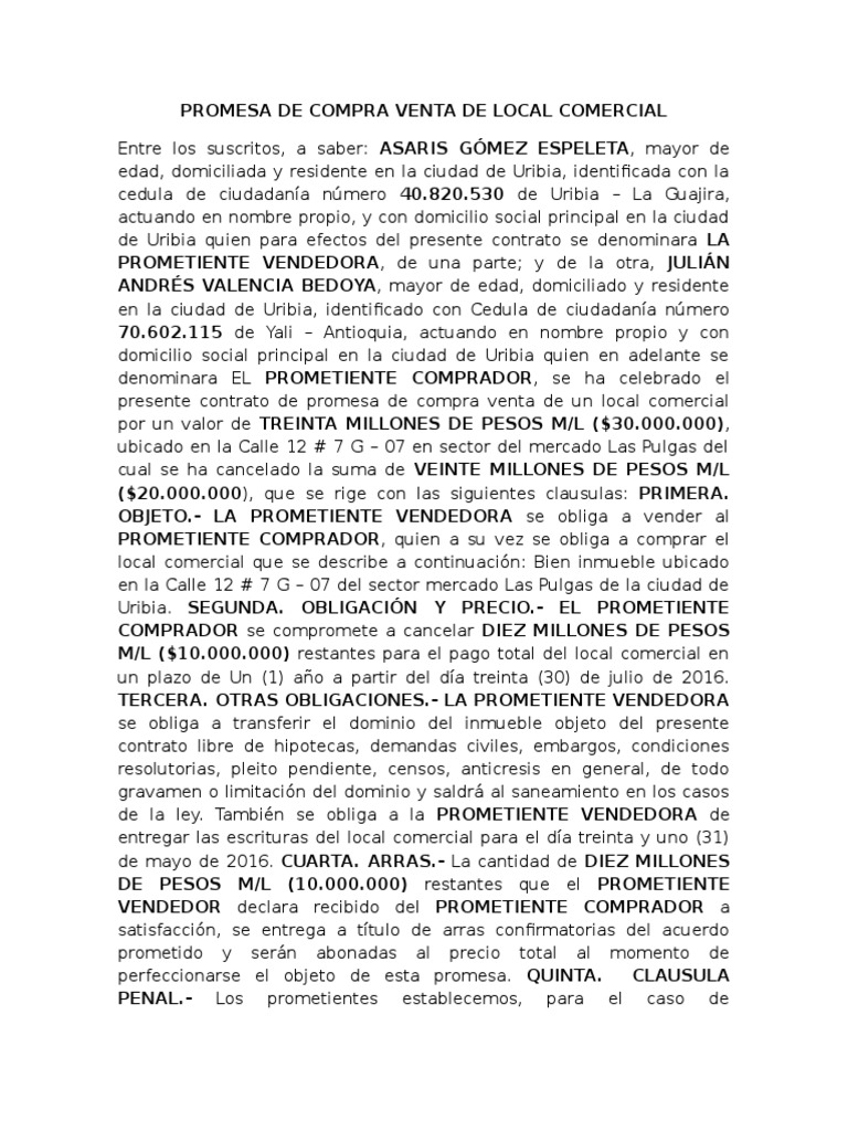 Promesa de Compra Venta de Local Comercial | Derecho privado | Derecho ...