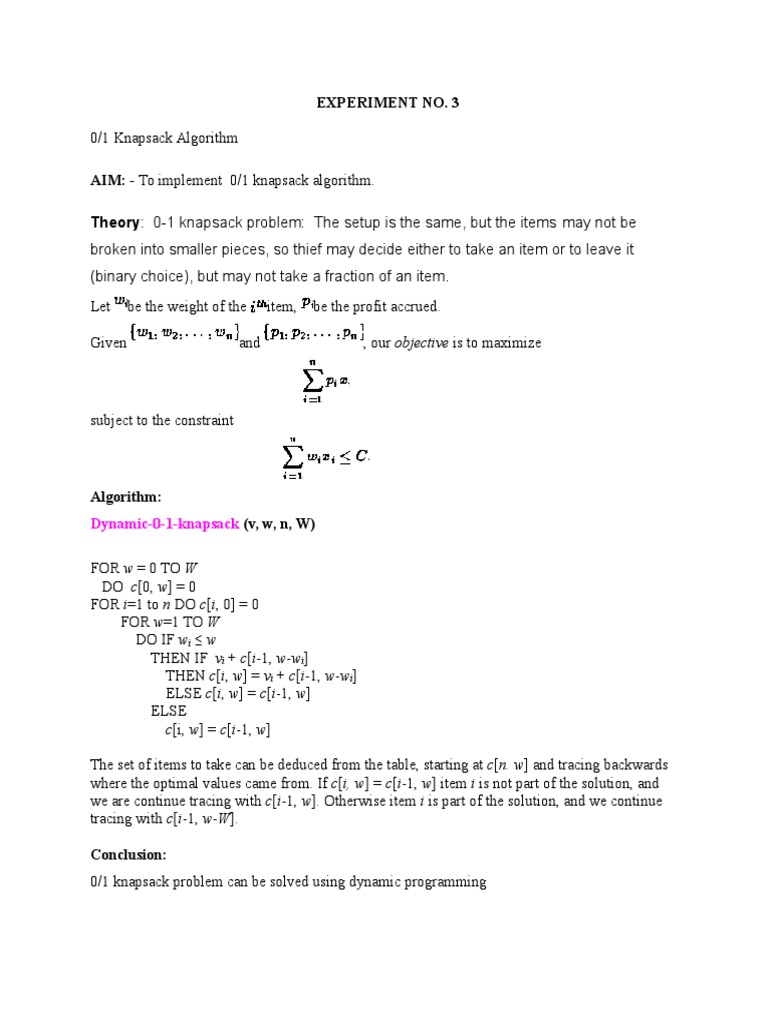 Experiment No. 3: Dynamic-0-1-Knapsack | PDF