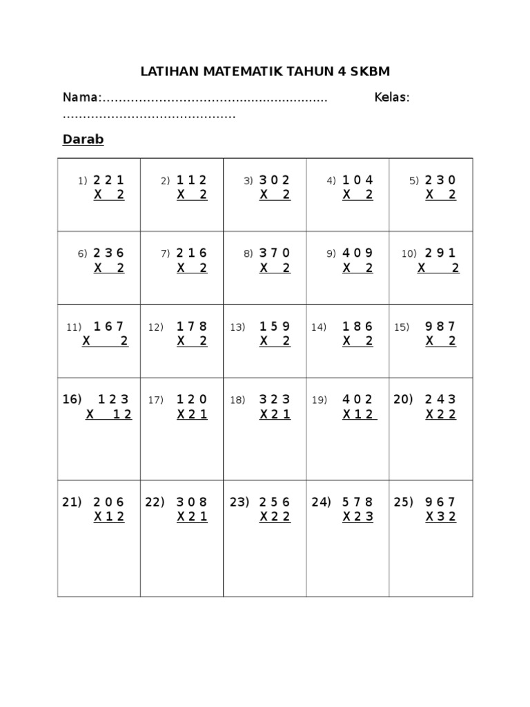 Latihan Matematik Tahun 4 Darab SKBM | PDF