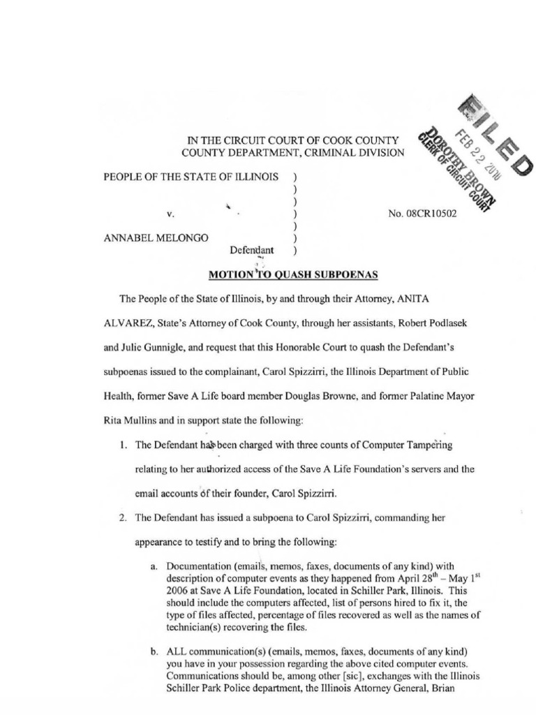 IL v. Melongo: State Motion To Quash Defendant's Subpoenas Re: SALF ...