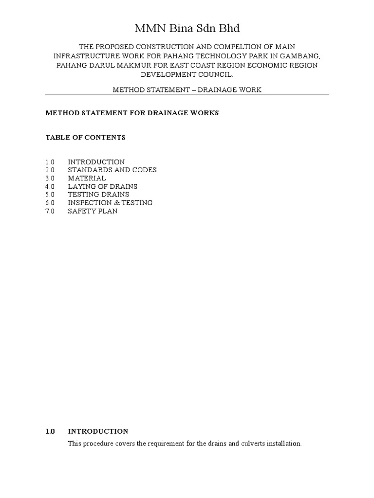 Method Statement for Drainage Works | PDF | Drainage | Concrete