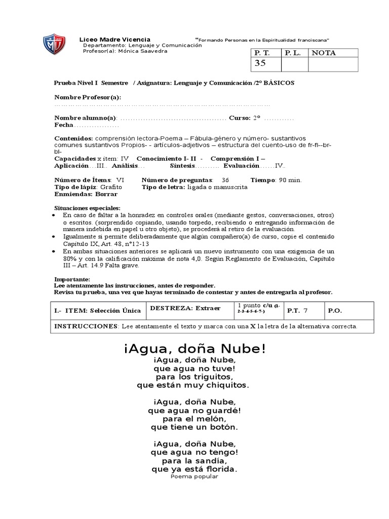 Prueba de Lenguaje 2° Básico | PDF | Adjetivo | Género gramatical