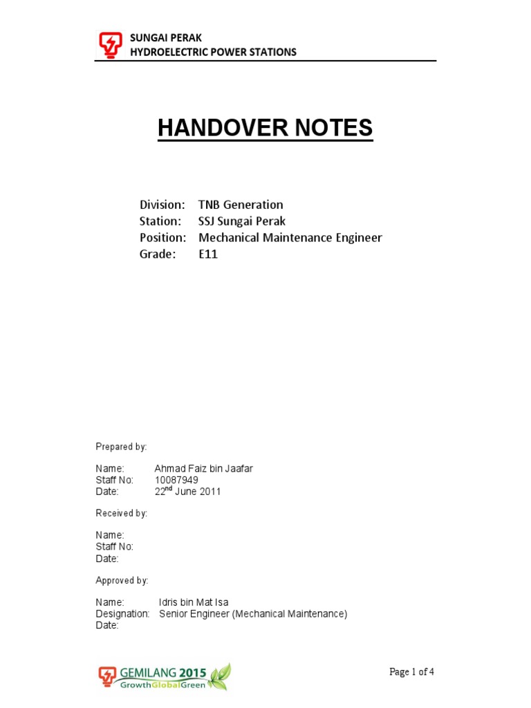 Hand Over Notes - Ahmad Faiz Jaafar | PDF | Power Station | Energy ...